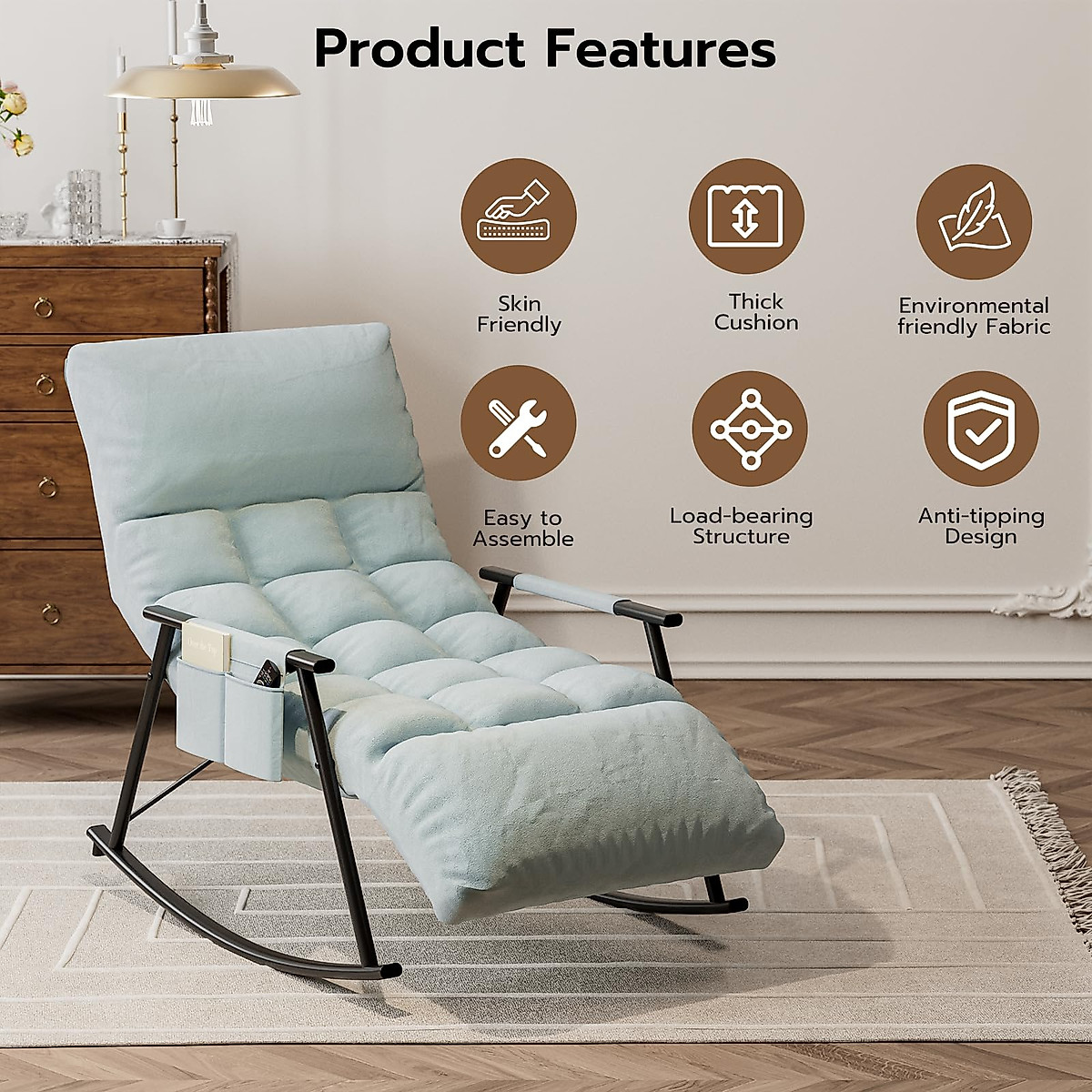 Apelila Rocking Chair with Footrest, Water Resistant Fabric, Folding Rocking Recliner Chair Nursery with Side Pocket & Adjustable High Back, Perfect for Gardens, Patios (Light Blue)