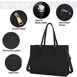 Laptop Bag for Women 15.6 Inch Laptop Tote Bag Leather Waterproof Work Bags Professional Business Office Computer Briefcase Large Capacity Shoulder Bag Black