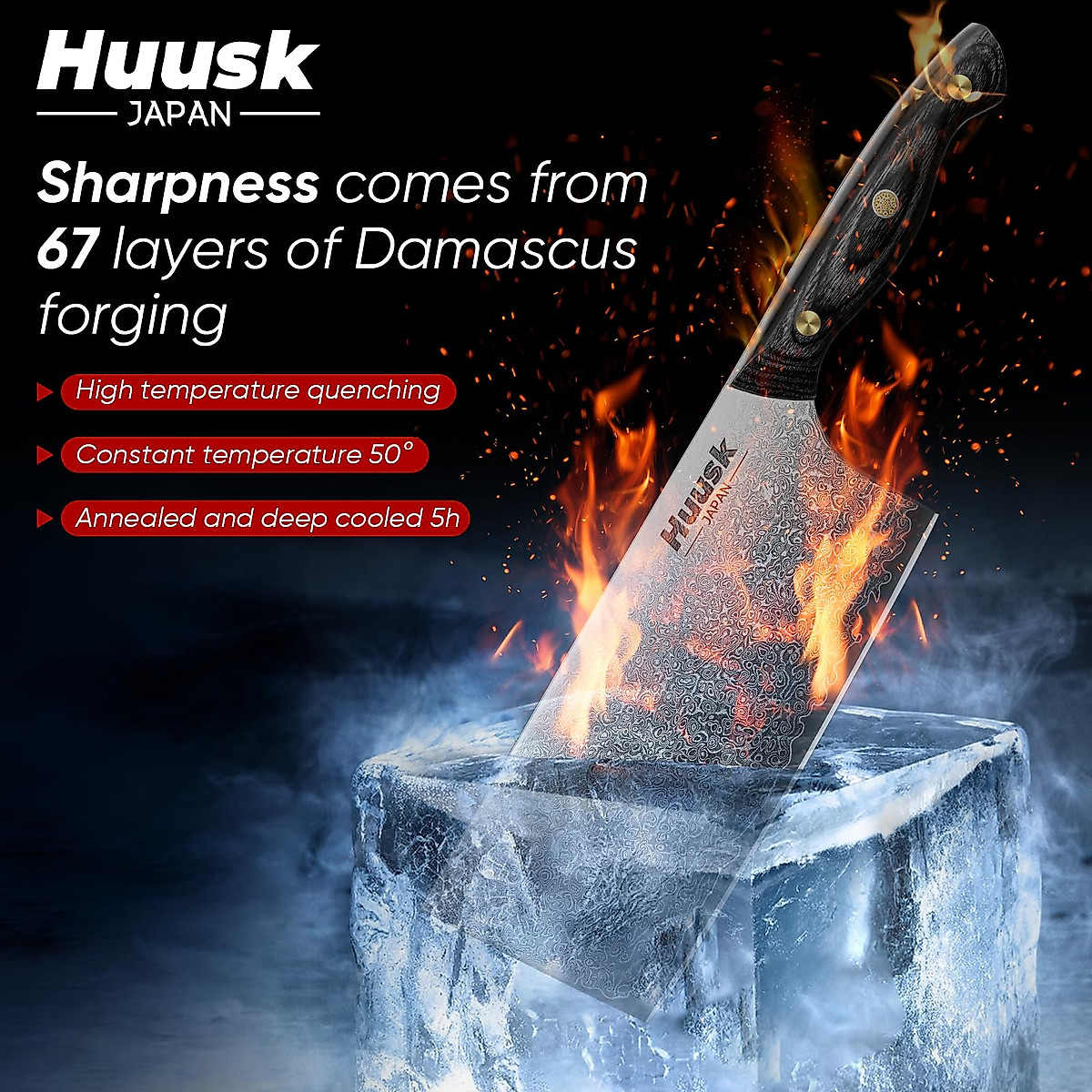 Huusk Damascus Cleaver Knife 7 inch, VG10 Butcher Knife for Meat Cutting, Kitchen Knife with Wood Handle for Chopper Vegetables Hand Forged Chooping Knife, Birthday Dad Mom Gift