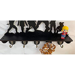 Dinosaur Wall-Mounted Coat Hooks Hat Rack with 5 Vintage Metal Hooks, Hat Rack and Upper Wooden Storage Shelf, Entryway, Kitchen, Bathroom, Living Room,16inch, Black,11lbs