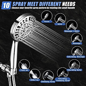 High Pressure Shower Head with Handheld, 10 Spray Settings Water Saving Shower Heads with Stainless Steel Hose,Holder & PTFE Tape, Wider Silver Face for Tubs Tiles Walls Pets Cleaning, Black