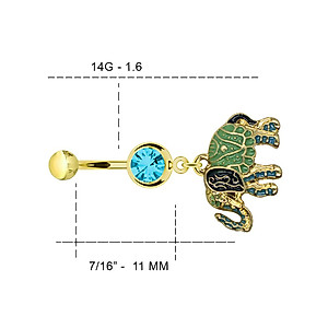 316L 14G Surgical Steel Gold And Green Elephant Pendant with Blue CZ Stone Dangle Belly Button Ring 3/8" Barbell Body Piercing Jewelry Women