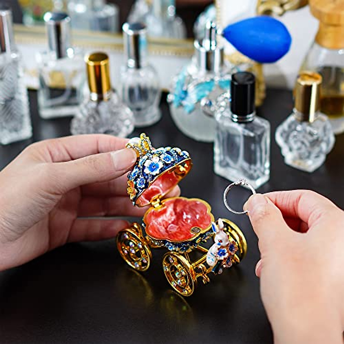 YU FENG 3'' Hand Painted Enamel Pumpkin Carriage Trinket Box With Bunny Flowers Hinged Jewelry Organizer with Crystals Ring Earrings Storage Home Decor Figurine Keepsake Collectible