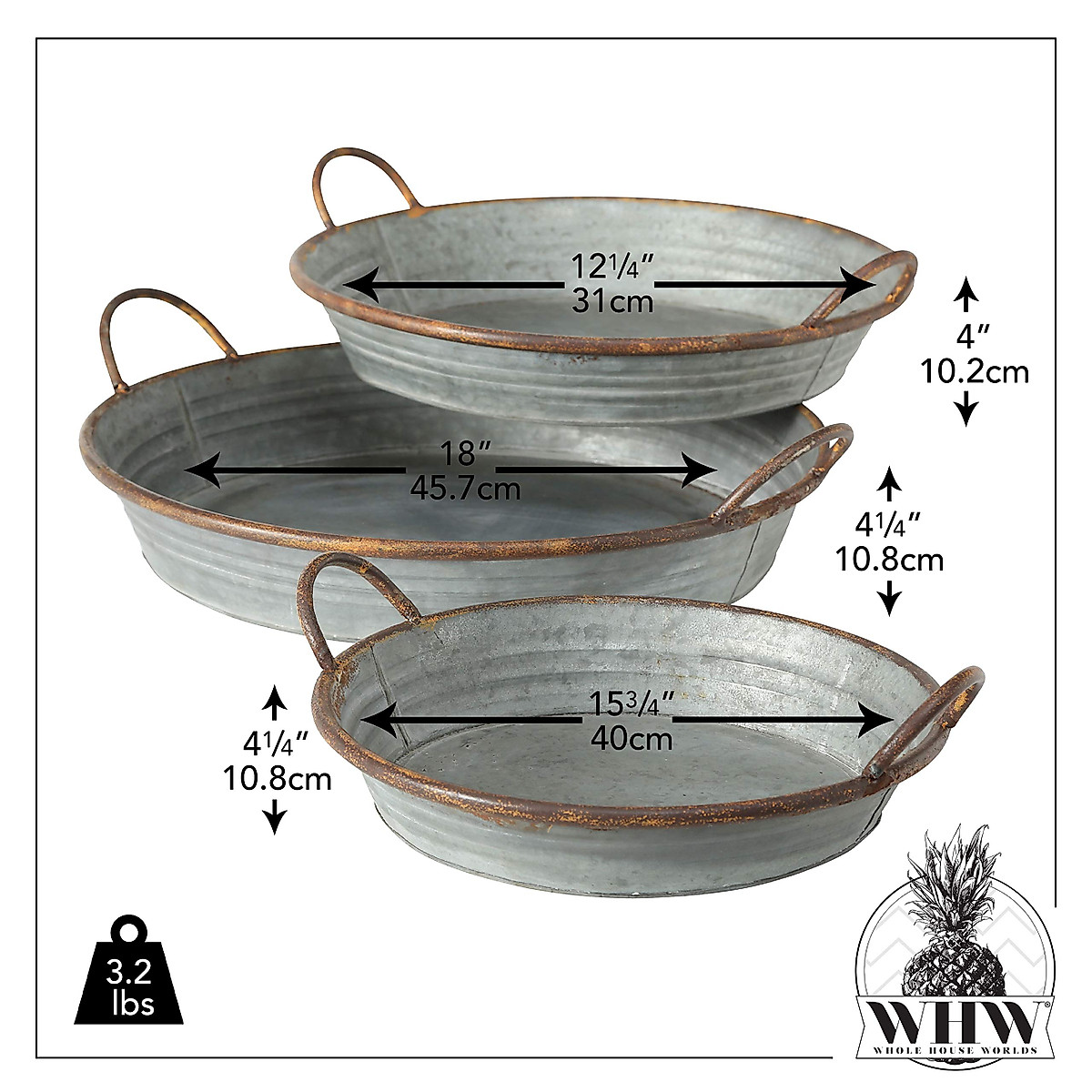 Farmers Deep-Dish Round Trays, Set of 3, Rustic Vintage Style, Galvanized Zinc Metal, 18, 15.75, and 12.25 Inches Diameter