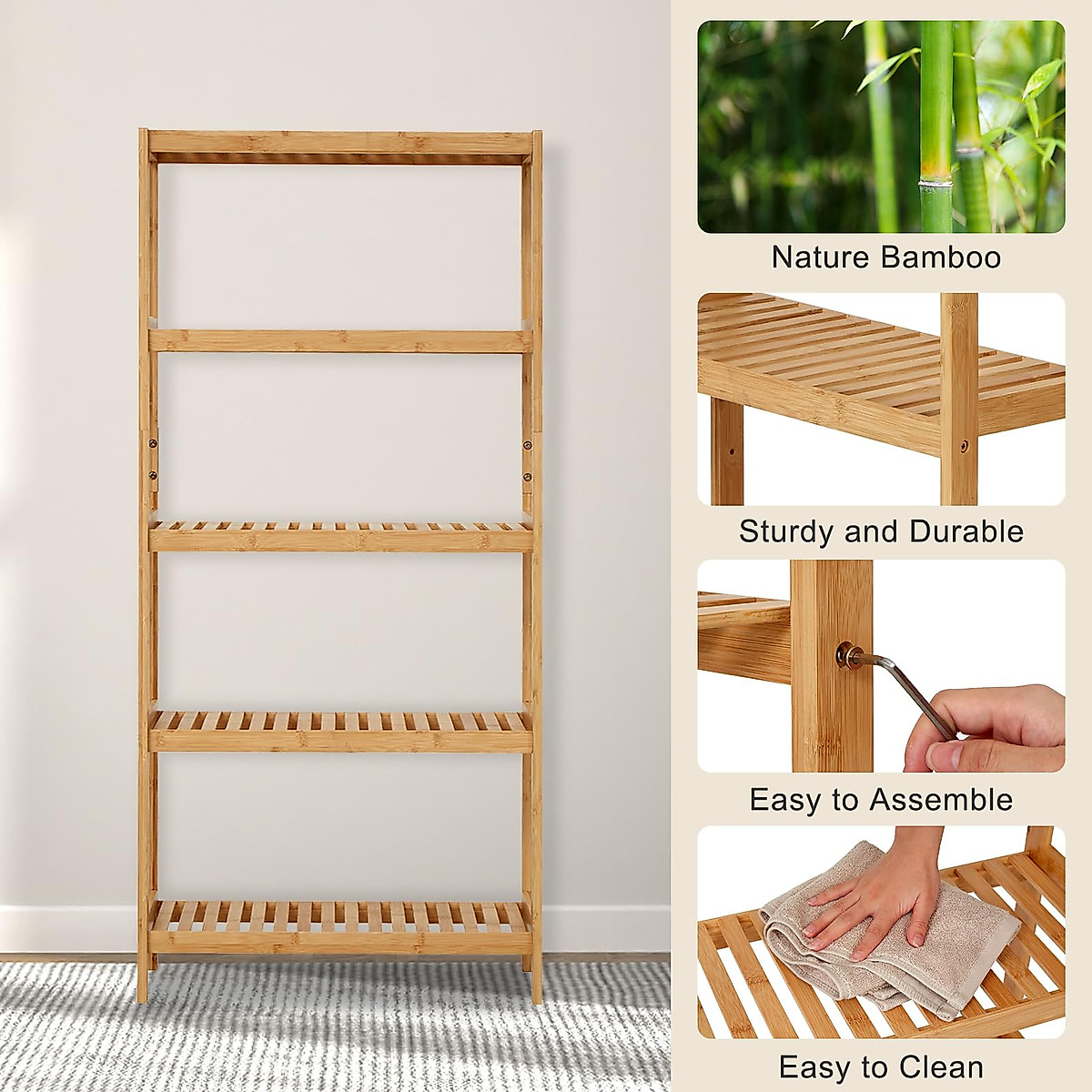 buenotoys Bamboo Corner Shelf, Storage Rack Organizer, Bamboo Shelves Stand for Bathroom Kitchen Living Room Balcony (5-Tier)