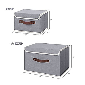 ANMINY Storage Bin with Lid Storage Boxes with PU Leather Handles PP Plastic Board Decorative Foldable Lidded Cotton Linen Fabric Home Cubes Baskets Closet Organizer Container - Gray, Large Size