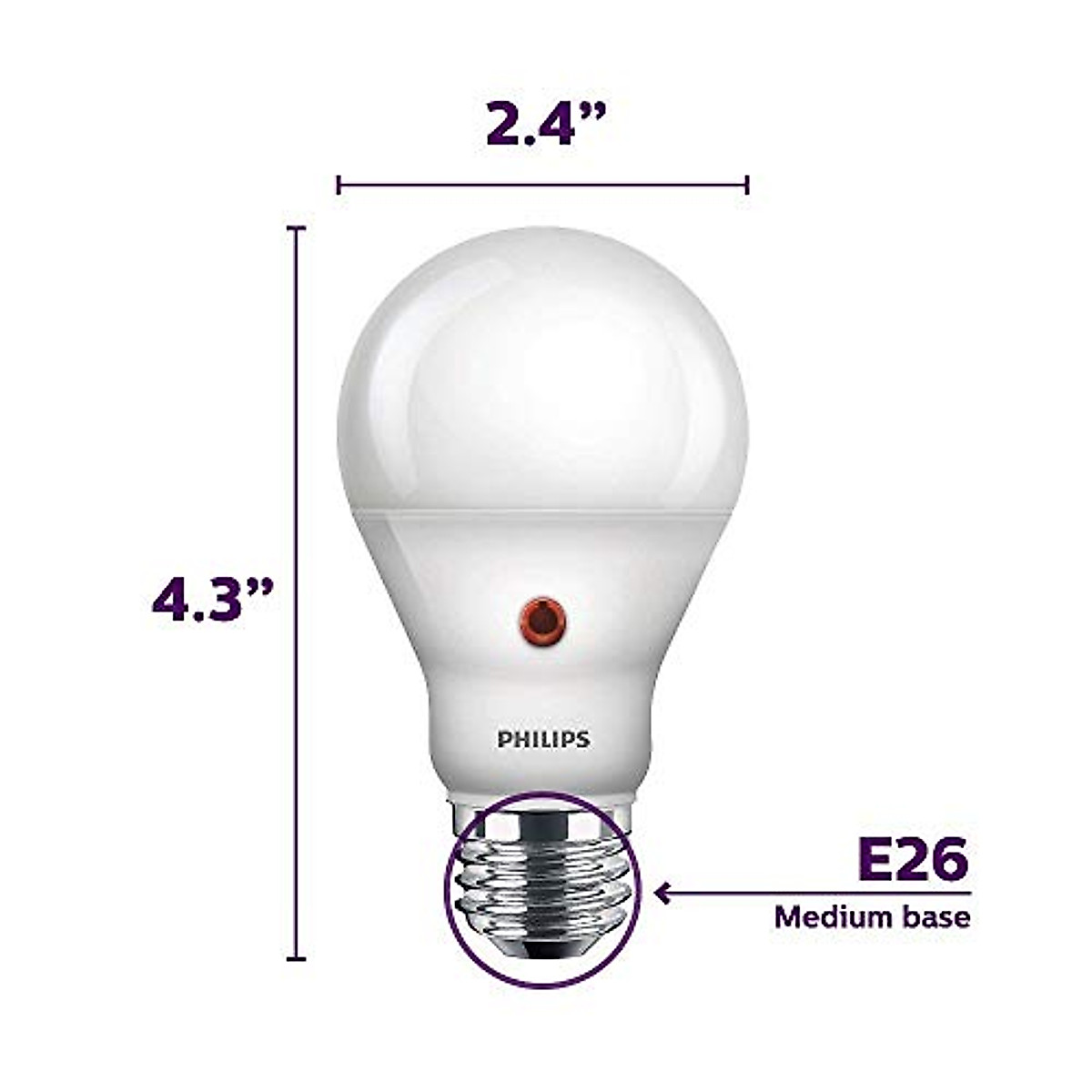 Philips LED 466565 BC8A19/AMB/827/ND D2D 120V 4/1 60 Watt Equivalent Soft White Dusk-Till-Dawn Indoor/Outdoor A19 LED Light Bulb, 4 Pack