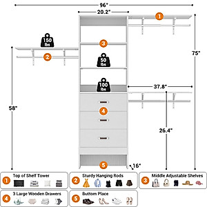 Cyclysio Closet System, 8FT Closet Organizer System with 3 Wooden Drawers, 96'' Walk-in Closet with 3 Hanging Rods & 3 Shelf Tower, Adjustable Wall Mount Closet Organizer, Build-in Garment Rack,White