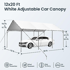 PHI VILLA 12x20 ft Heavy Duty Carport Car Canopy Party Tent Adjustable Peak Height, Garage Storage Boat Shelter with Waterproof & UV Protected Tarp, White
