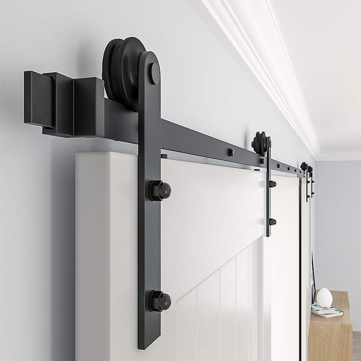 WINSOON 12FT Barn Door Hardware Kit: Double Sliding Door Hardware - Heavy Duty Black Barn Door Track Kit - Carbon Steel Sliding Barn Door Rail - J-Shape Easy to Install for 77" Closet Panel(No Door)