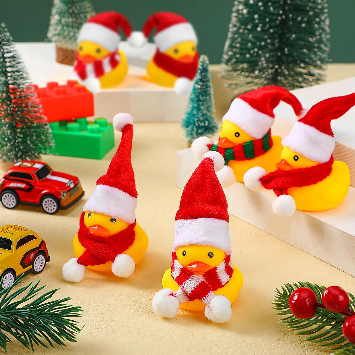 12 Pcs Christmas Mini Rubber Duckies in Bulk with Christmas Hats and Scarf Christmas Rubber Duckies Bath Toy for Christmas Party Winter Holiday Favors Goodie Bag Fillers