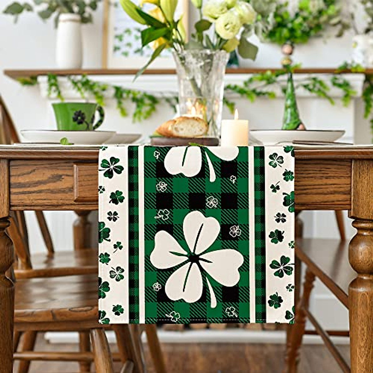 Artoid Mode Green Clover Buffalo Plaid Shamrocks St.Patrick's Day Table Runner, Seasonal Kitchen Dining Table Decoration for Indoor Home Party 13x72 Inch