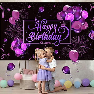 Blulu Happy Birthday Backdrop Banner Sign Poster Large Fabric Glitter Balloon Fireworks Sign Photo Backdrop Background for Birthday Party Decoration Supplies, 72.8 x 43.3in(Black and Purple)