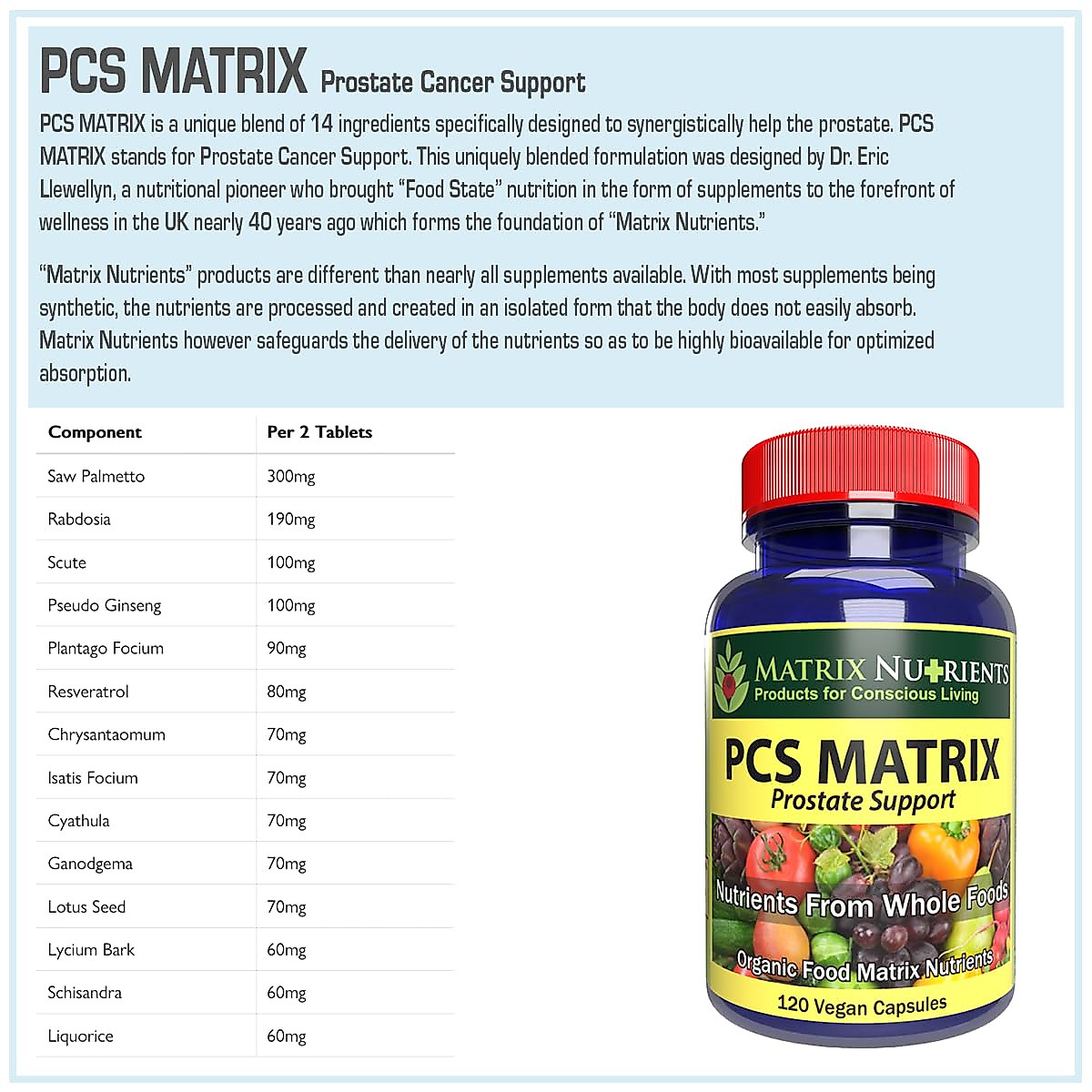 PCS Matrix - Lower PSA Levels for Healthy Prostate - 100% Natural Ingredients: Saw Palmetto, Rabdosia, Scute, Plantago Focium, Chrysantaomum, Ganoderma, Lotus Seed - Vegan Capsules (120ct)