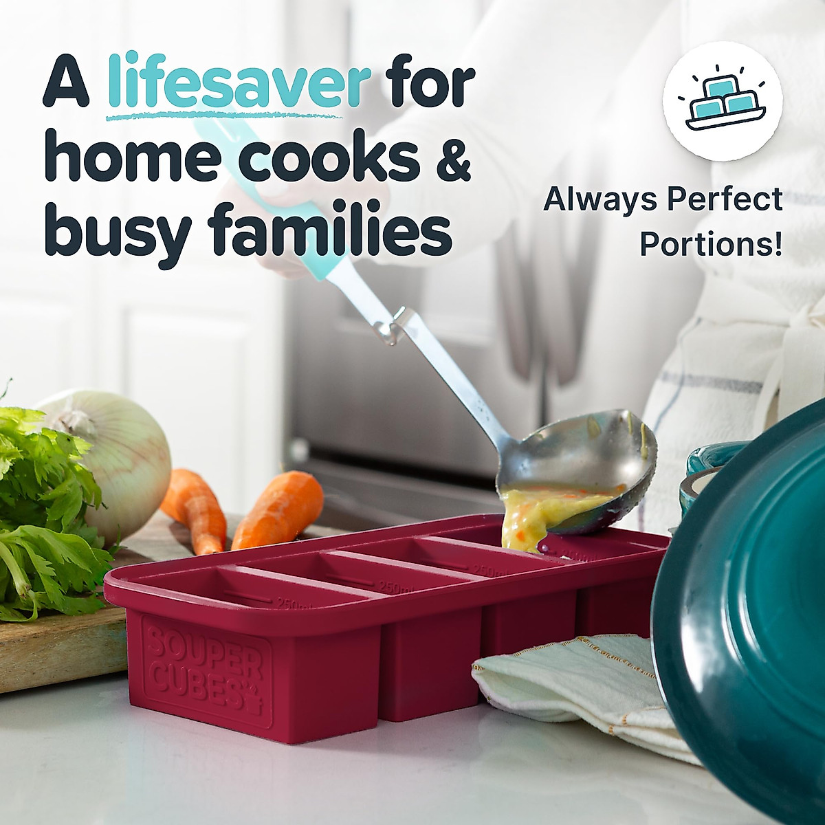 Souper Cubes 1 Cup Silicone Freezer Tray With Lid - Easy Meal Prep Container and Kitchen Storage Solution - Silicone Molds for Soup and Food Storage - Cranberry - 1-Pack