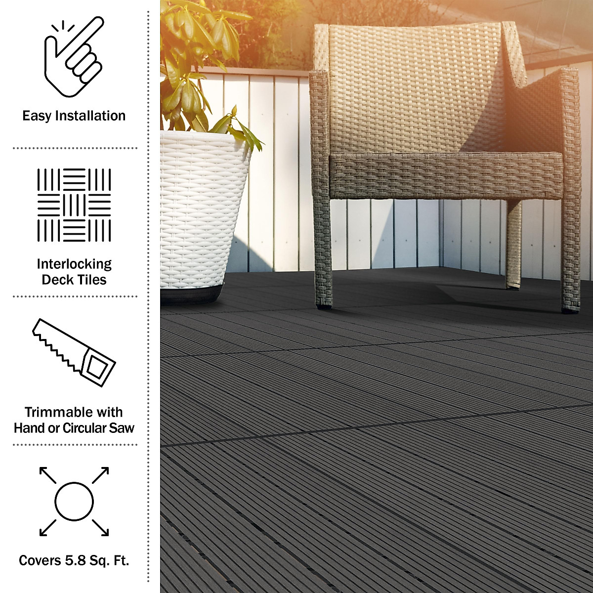 Interlocking Deck Tiles - 6-Pack 11.6-in Wood Plastic Composite All-Weather Outdoor Flooring Balcony Poolside or Patio by Pure Garden (Gray)