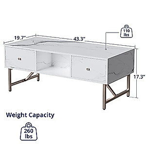 Cozy Castle Coffee Table with Drawers, 43" Mid Century Modern Coffee Table with Storage, Coffee Table with Metal Legs, Wood Small Coffee Table for Living Room, Bedroom and Office, White