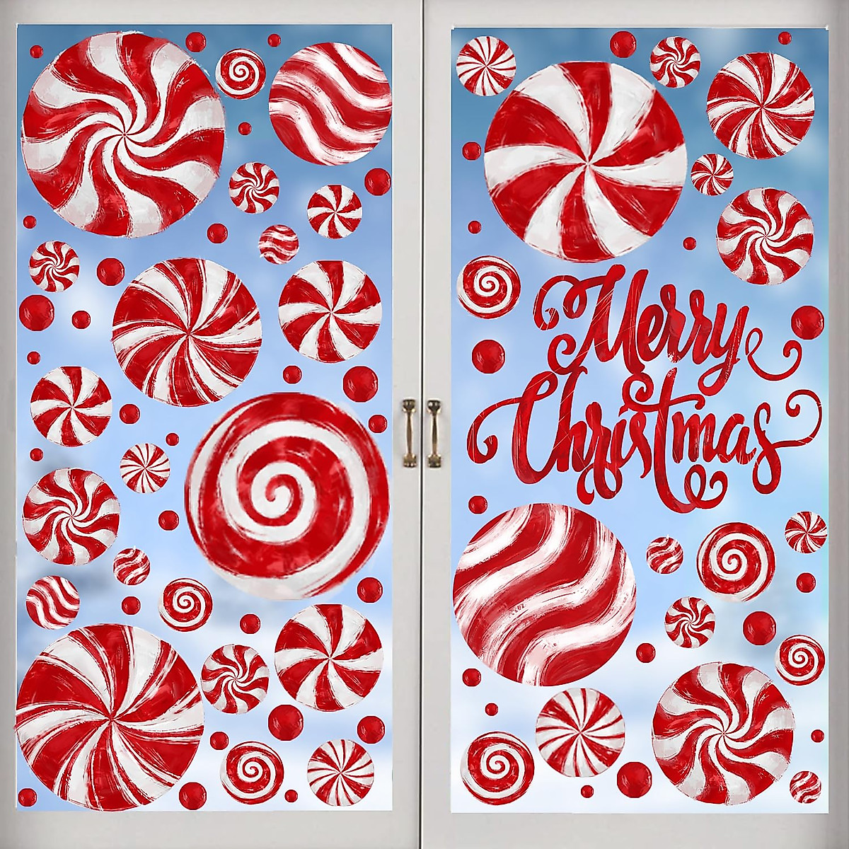 DULEFUN 8 Sheets Christmas Window Clings, Candy Window Decals Oil Painting Christmas Red Candy Stickers for Xmas Home Office School Decor Winter Glass Window Decoration