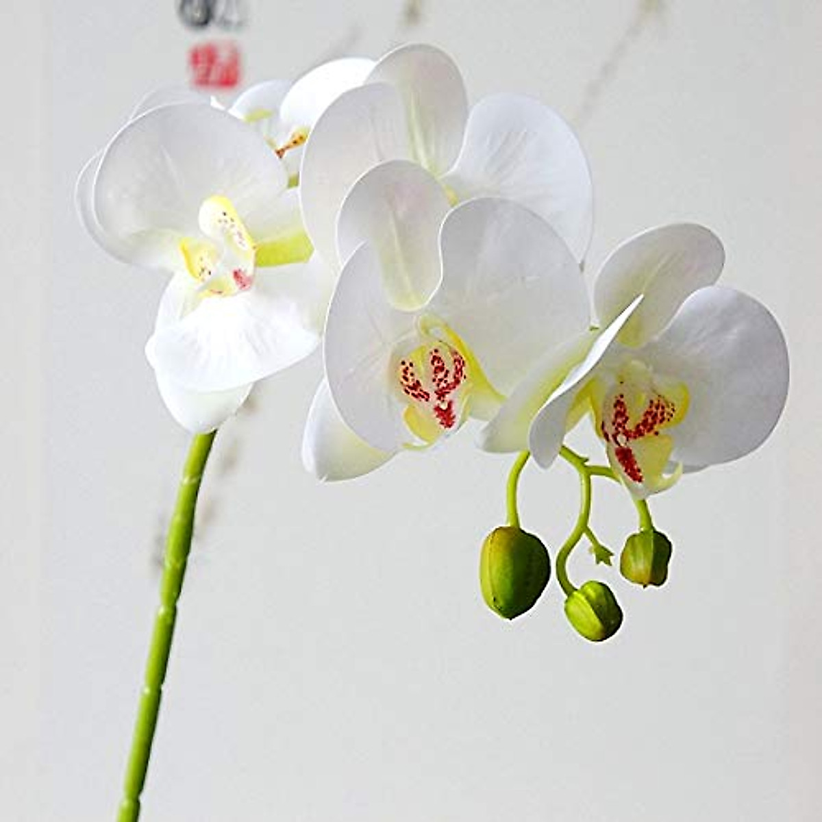 Calcifer 6 Pcs 3D Artificial Real Touch Latex Phalaenopsis Orchid Stem Bouquets Artificial Flowers for Wedding Party Home Garden Decoration (White&Yellow Heart)