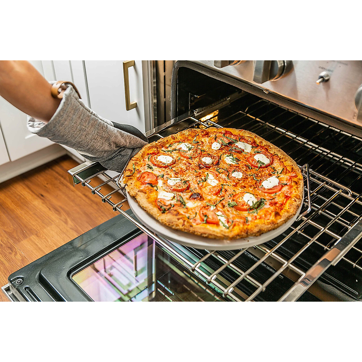 Cuzi Gourmet 4-Piece Large Pizza Stone Set - 13" Thermal Shock Resistant Cordierite Pizza Stone with Handle Rack, 19" Natural Bamboo Pizza Peel & Pizza Cutter - Large Baking Stone for Grill and Oven