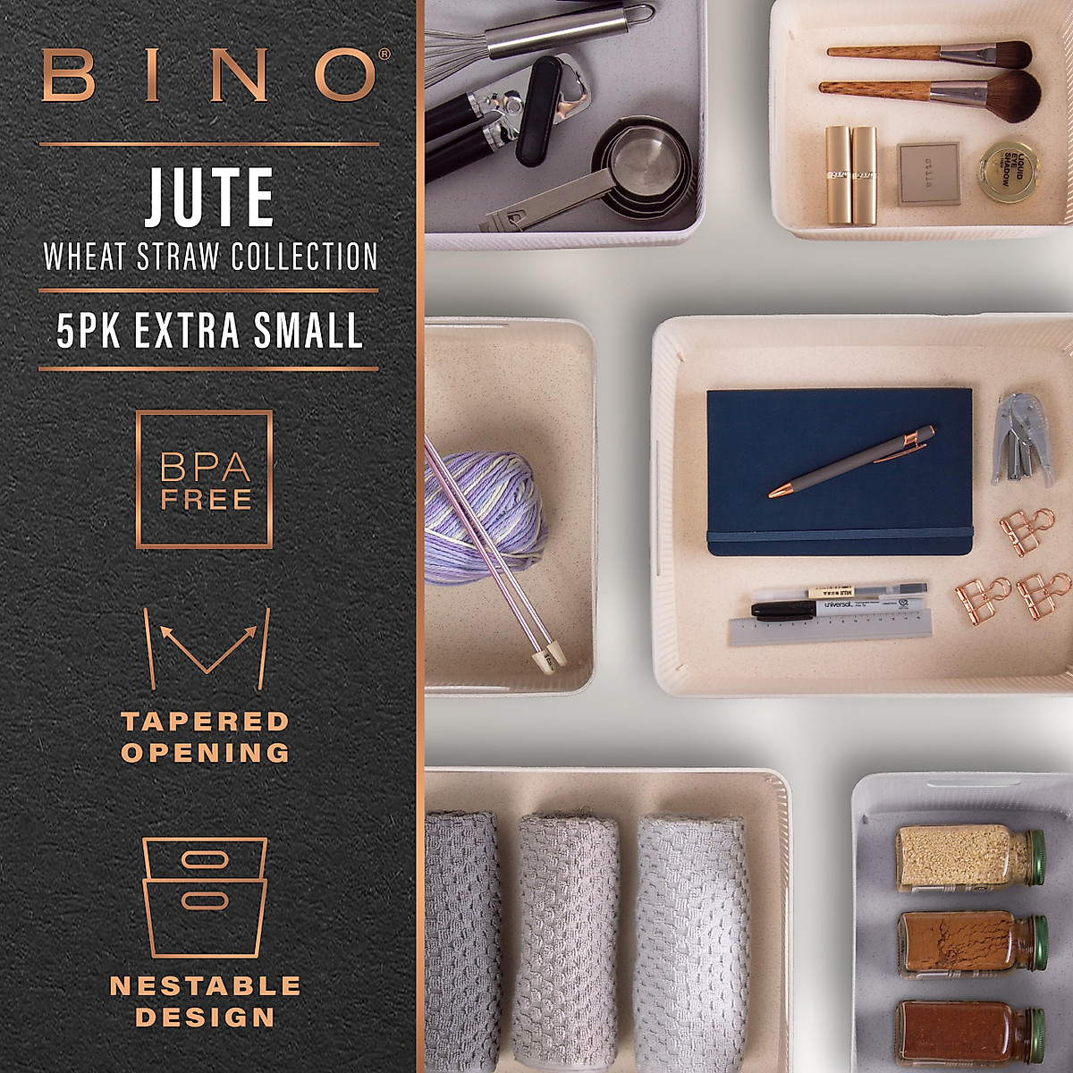 BINO | Woven Plastic Basket | XS (Natural Grey), 5-Pack | THE JUTE COLLECTION | Home Organization, Space - Saving Storage, Stylish Design | Jute Basket | Plastic Storage Basket