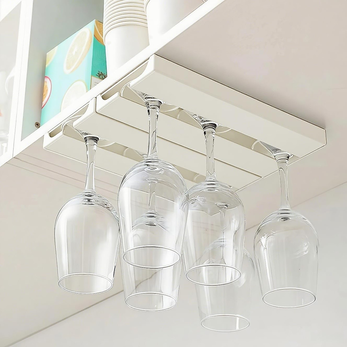 Riipoo Wine Glass Holder Under Shelf, Wine Glass Rack Under Cabinet, No Drill & Screws Stemware Rack for Bar Kitchen, 2-Pack, White