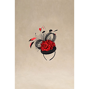 BABEYOND Fascinator Hat Feather Fascinators Hair Clip Tea Party Pillbox Derby Hat Bridal Wedding Veil Black Red