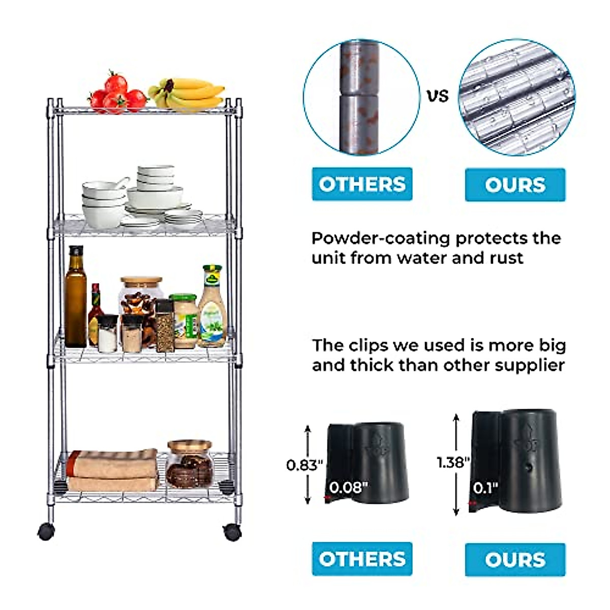 JS HANGER Wire Shelving Unit, 4-Tier Heavy Duty Height Adjustable Rolling Metal Shelves for Storage, 440 lbs Capacity, 23.23''W X 13.4''D X 47.24''H, Silver