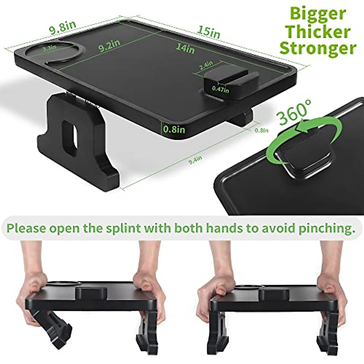 Large Size Couch Arm Tray - 15x9.8" Strong Wood Foldable Sofa Side Clip Tray with 360° Rotating Phone Holder, Armrest Tray for Eat, Drink, Cup, Snack, Remote Control, No Installation Required