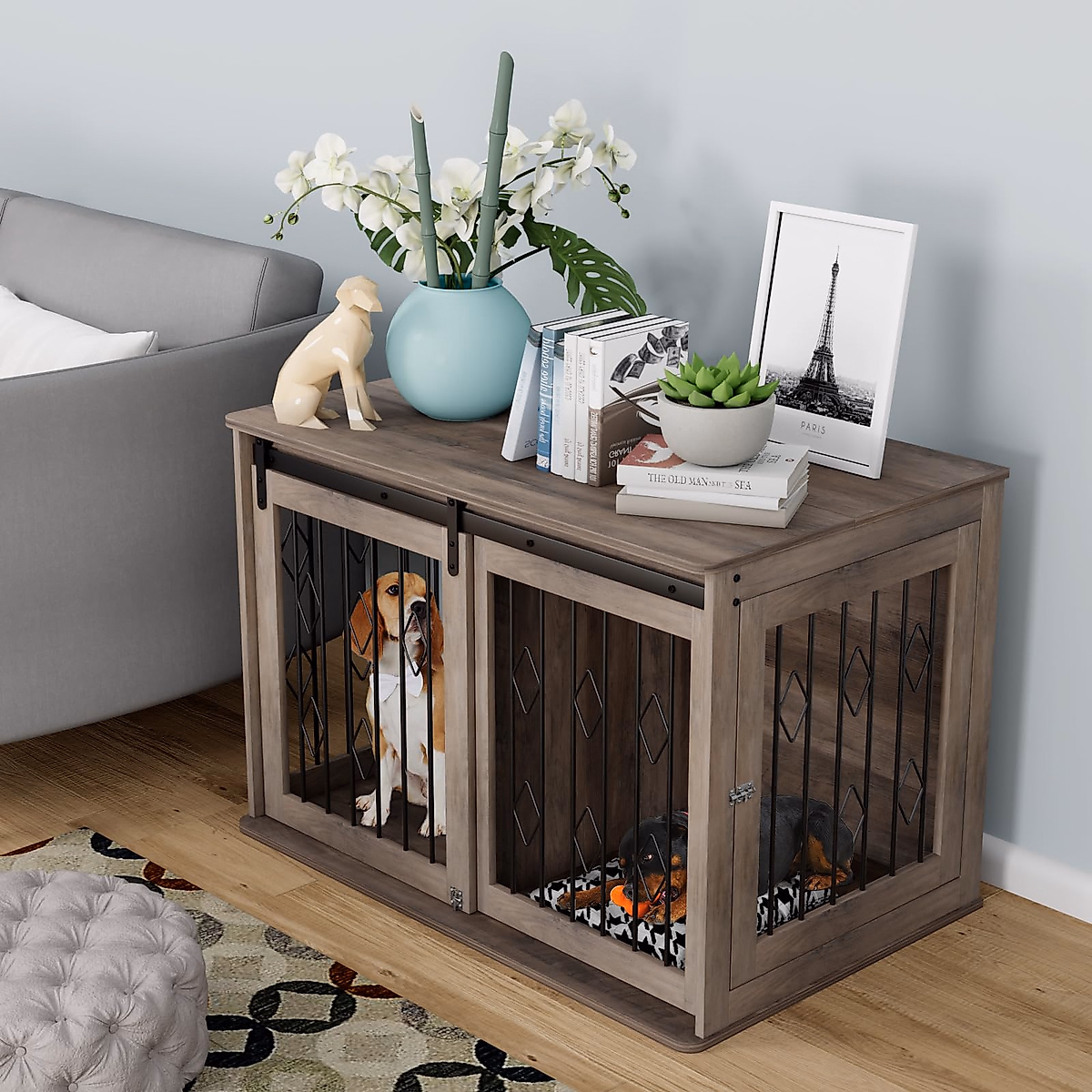Clevich Large Dog Crate Furniture w/Sliding Barn Door, Wooden Indoor Dog Kennel w/Flip-top, 39.4'' Heavy Duty Modern Puppy Dog Cage End Table w/Detachable Divider for Small/Medium Pets (Oak Grey)