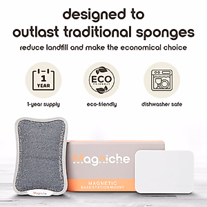 Magniche Magnetic Sponge Holder System -3-in-1 Kitchen Cleaning Combo- Magnetic Sponge Holder for Kitchen Sink, 4 Dual-Sided Dish Sponges & Scrubber, 1-Year Supply Sponges, Long-Lasting Dish Sponge