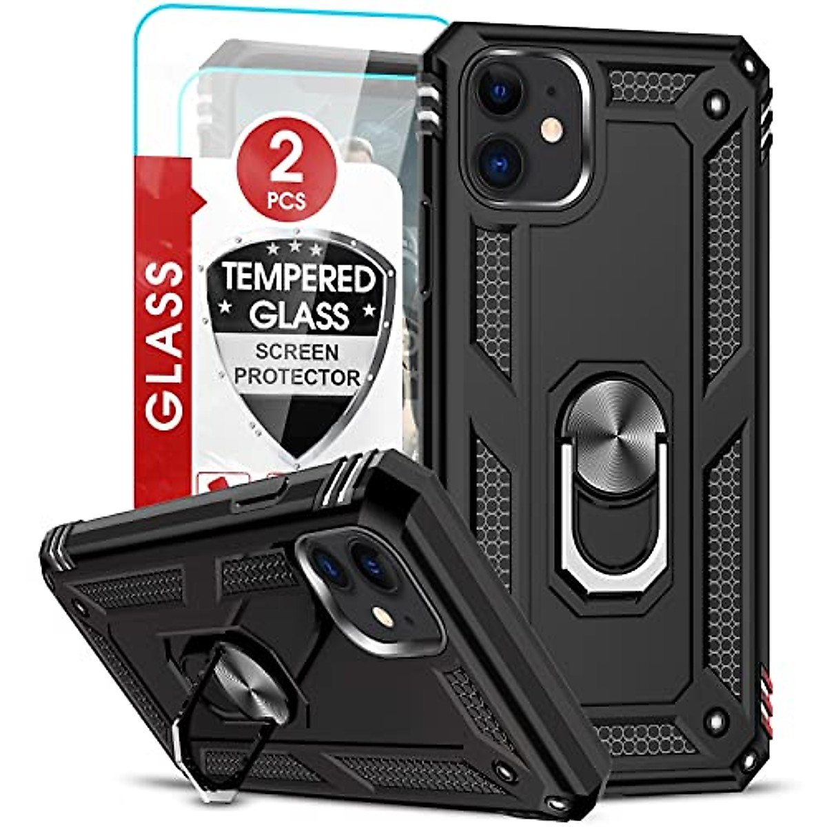 LeYi Black Phone Cases for iPhone 11, Compatible with iPhone 11 Phone Case with Screen Protector [2 Pack] for Men, Military-Grade Armor Magnetic Ring Kickstand for iPhone 11 6.1 inch, Graphite