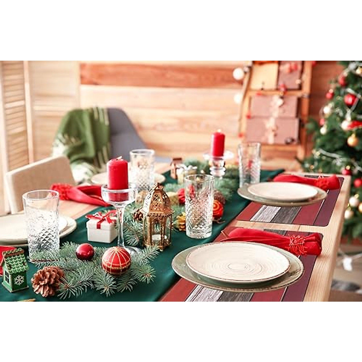 U'Artlines Retro Rustic Wood Texture Placemats Set of 6,Stain Resistant Waterproof Table Mats Trivets for Hot Dishes Washable Rubber Heat Resistant Placemat for Kitchen Dining Table Decoration,Red