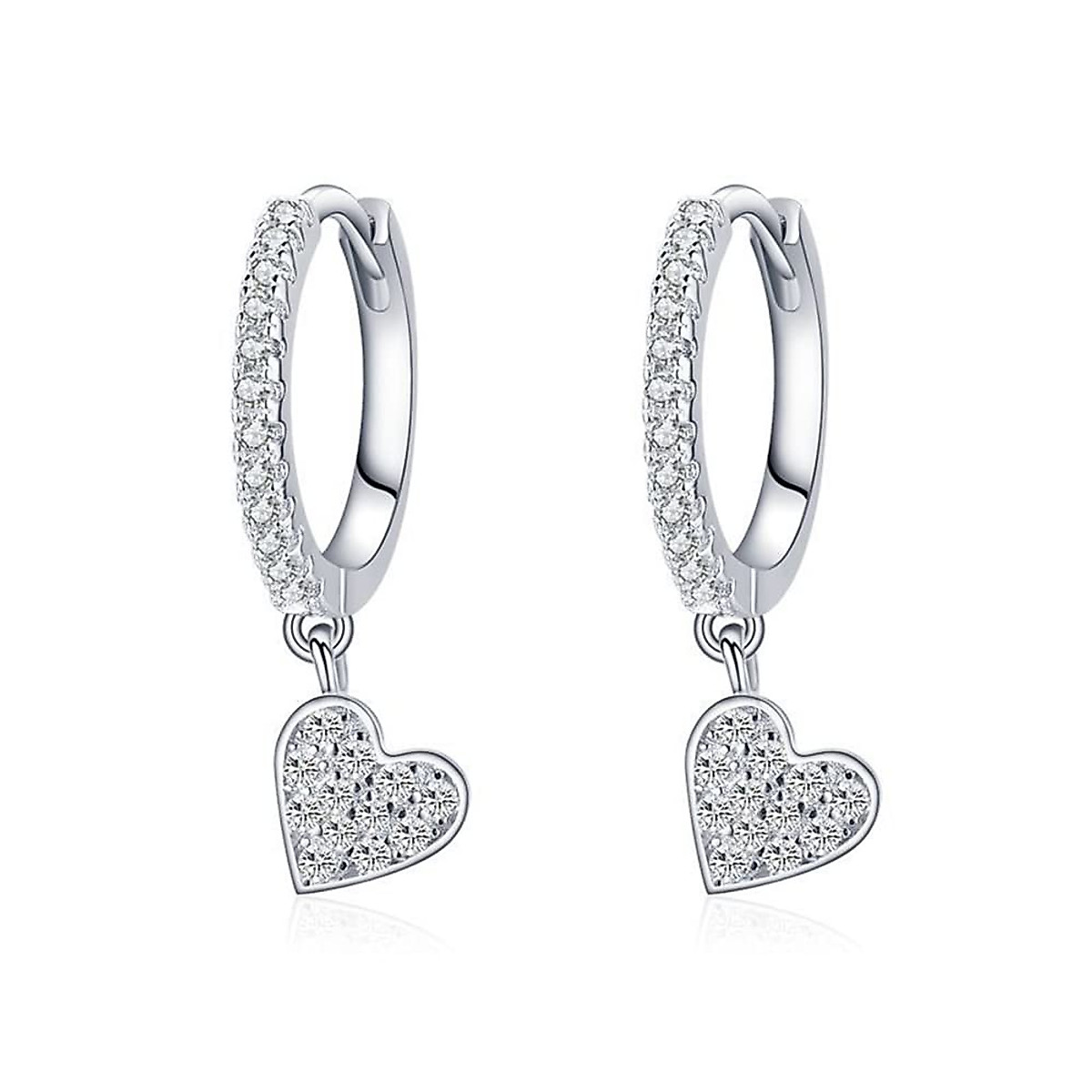 CZ Love Heart Dangle Hoop Earrings 925 Sterling Silver Sparkling Crystal Rhinestone Small Huggie Hoops Cartilage Earring Dangling Drop Hinged Earringfor Women