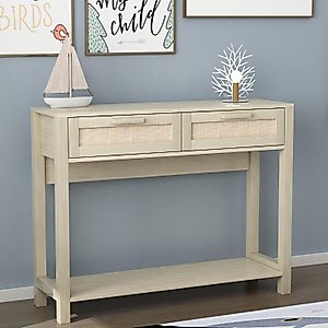 Volowoo Wood Entryway Table,Rattan Console Table with 2 Drawers, Sofa Table Narrow Long with Storage Shelves for Living Room, Couch, Hallway, Foyer, Kitchen Counter (B Style)