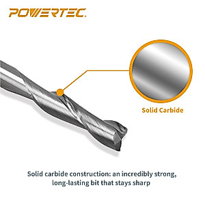 POWERTEC Solid Carbide Up Cut Spiral Router Bit, 1/4" Shank and 1/4 inch Cutting Dia., 1-Inch Cutting Length, Woodworking Router bits for use on CNC and Router Tool (73002)