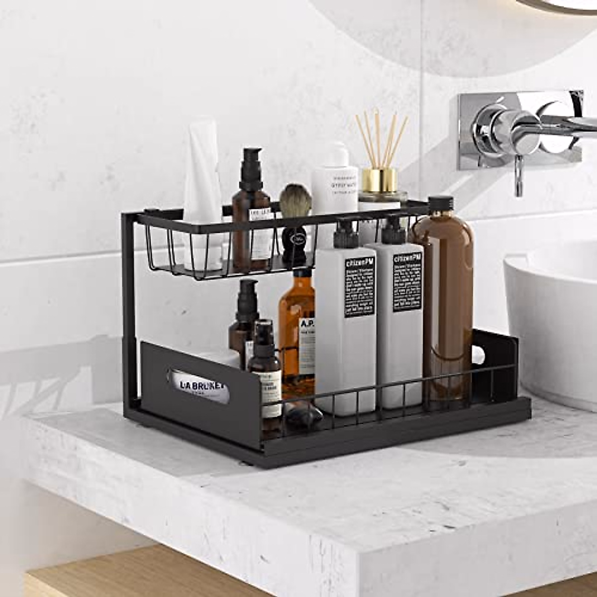 NLBTW Under Sink Organizer and Storage, 2 Tier Bathroom Kitchen Cabinet Shelf Organizers Shelves Cleaning Supplies Organization with Pull-Out Sliding Drawer (Black)