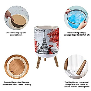 SHL96PZGX Small Garbage Can with Lid Oil Painting Paris European City Landscape France Eiffel Tower Black with Wood Long Legs Simple Human Trash Can for Kitchen, Bathroom, Dog Proof, 1.8 Gallon - 7L