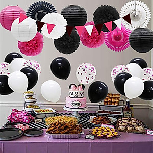 Meiduo Hot Pink White Black Party Decorations Paper Fans Lanterns Flower Pom Poms Felt Pennant Balloons for Lingerie Bridal Shower Minnie Mouse Themed Birthday Bachelorette Hen Party Valentine's Day