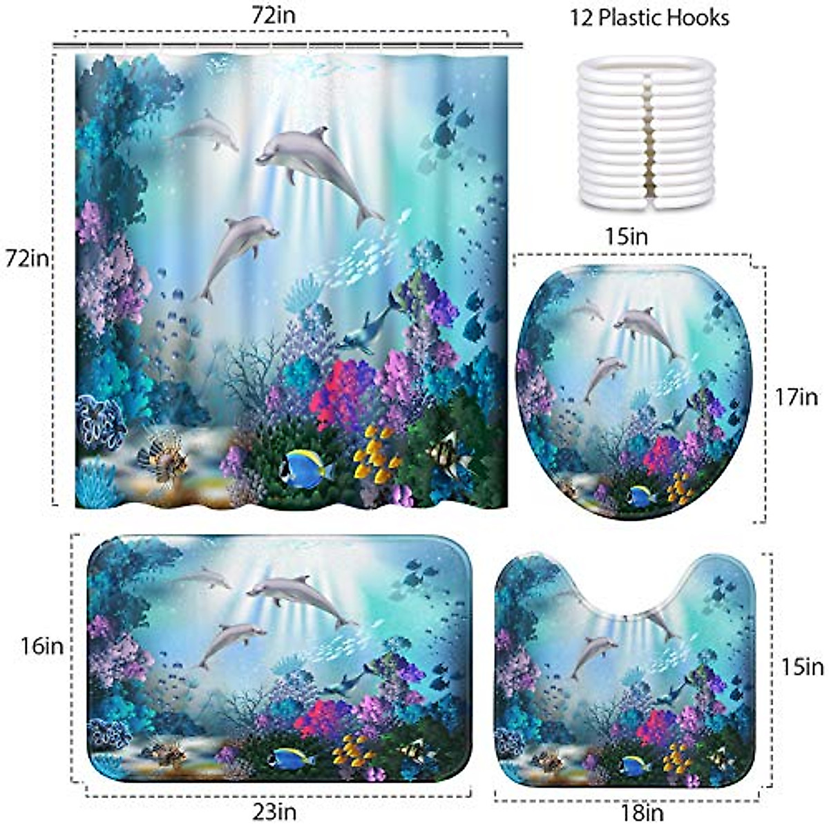 Britimes 4 Piece Shower Curtain Sets, Underwater World Dolphins Plants with Non-Slip Rugs, Toilet Lid Cover and Bath Mat, Durable and Waterproof, for Bathroom Decor Set, 72" x 72"