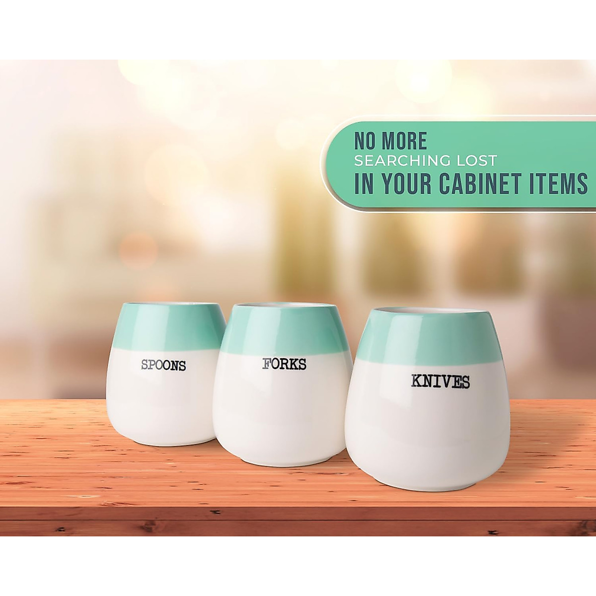 Ceramic "Honeypot" Cutlery Holder - Set of 3 - Farmhouse Silverware Caddy for Kitchen Countretop - Decorative Spoon, Fork & Knife Holder for Parties & More - Rustic Caddy Made of Premium Ceramic