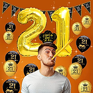 21st Birthday Decorations for him - (76pack) Black Gold Party Banner, Pennant, Hanging Swirl, Birthday Balloons, Tablecloths, Cupcake Topper, Crown, Plates, Photo Props, Birthday Sash for Men Gifts