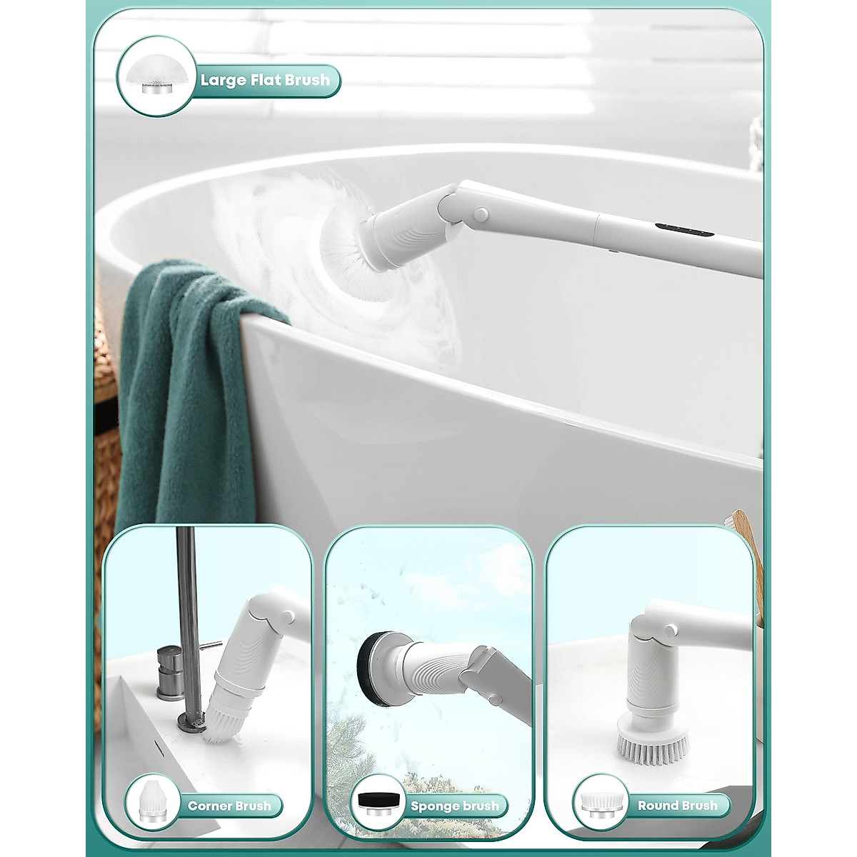 Electric Spin Scrubber, TRAJADA Shower Cleaning Brush with 5 Replacement Heads,3 Adjustable Angle Shower Scrubber,Cordless Power Scrub with Extension Handle for Cleaning Bathtub Grout Tile Floor