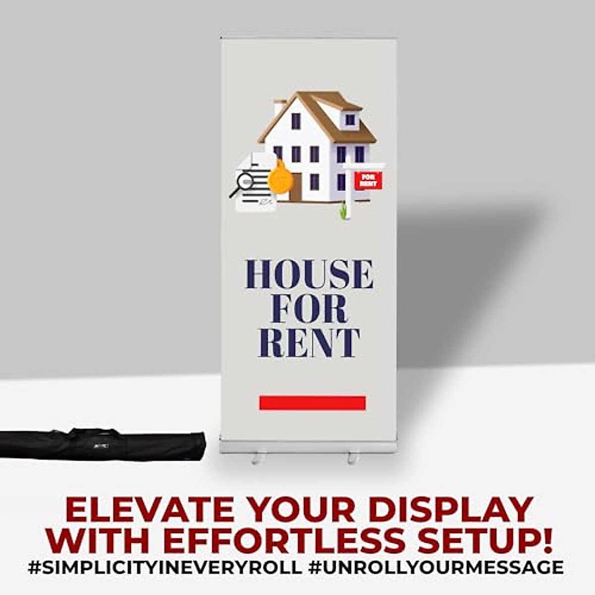 House For Rent Sign Retractable banner stand- 33x81 in backdrop adjustable stand banners and signs customize outdoor for Real Estate Business | Roll-up frame banner stand with Cover | Made in USA