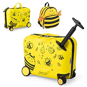 HONEY JOY 12" Bee Themed Kids Travel Backpack & 18" Hardside Suitcase with Wheels, Yellow, 2 Pcs