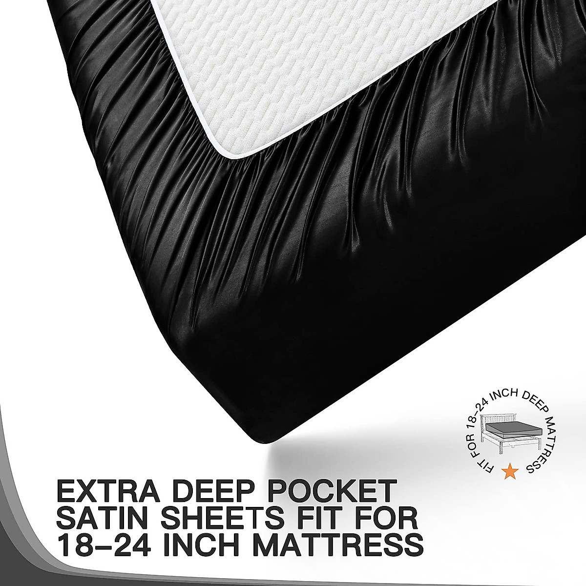 VACVELT 4pcs Extra Deep Pocket Satin Sheets Queen Size Bed Set, Black Satin Sheet Set Fit 18-24 Inch Deep Pocket Mattress, Silky & Luxury Satin Bedding Set Soft & Ultra Deep Fitted Sheet Set