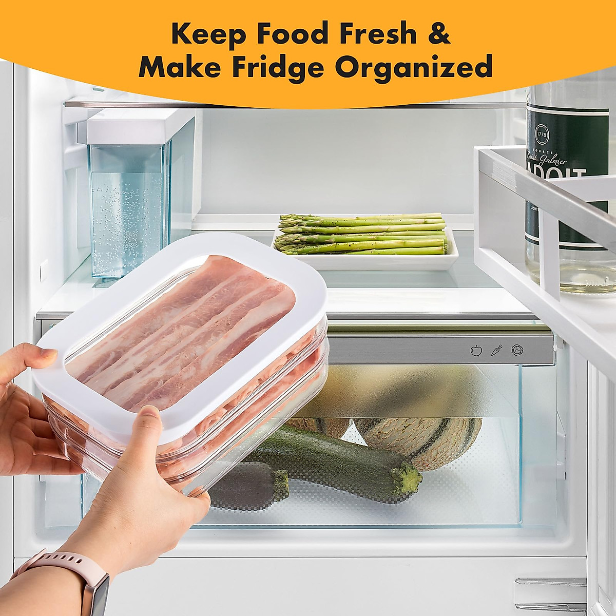 PARBEE Bacon Container for Fridge, 3 Layers Deli Meat Container, Stackable Cheese and Cold Cuts Holder Food Storage Box with Lid for Refrigerator