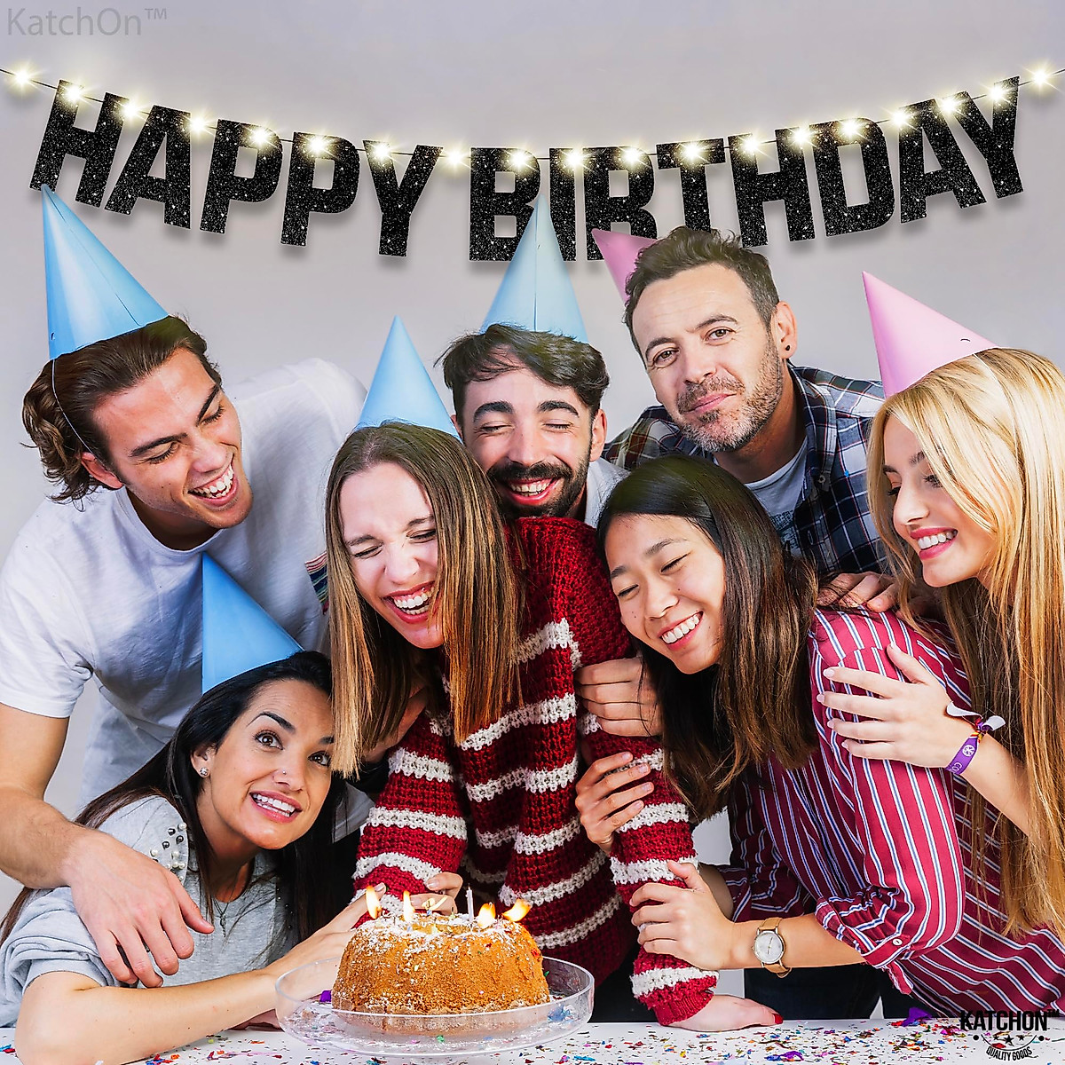 KatchOn, Glitter Black Happy Birthday Banner Light Up - Prestrung, 10 Feet | Black Happy Birthday Led Sign, Happy Birthday Banner for Men | Light Up Happy Birthday Sign for Happy Birthday Decorations