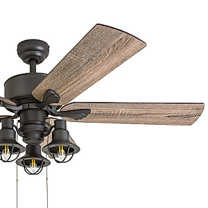 Prominence Home Sivan, 52 Inch Farmhouse LED Ceiling Fan with Light, Pull Chain, Three Mounting Options, 5 Dual Finish Blades, Reversible Motor - 50651-01 (Bronze)