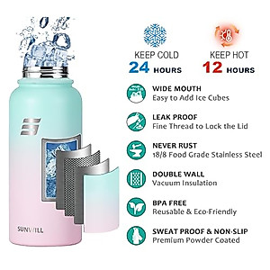 SUNWILL Insulated Water Bottle with Straw 32oz, Stainless Steel Water Bottles for Sports, Travel & Gym, Wide Mouth Flask with 2 Lids (Straw & Spout Lid), Leak Proof BPA Free Thermal Canteen